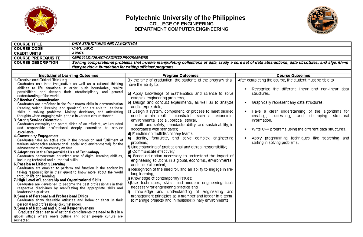 438208669 CMPE 30052 Data Structures and Algorithm PUP OBE Syllabus For Revised Curriculum 2018 ...