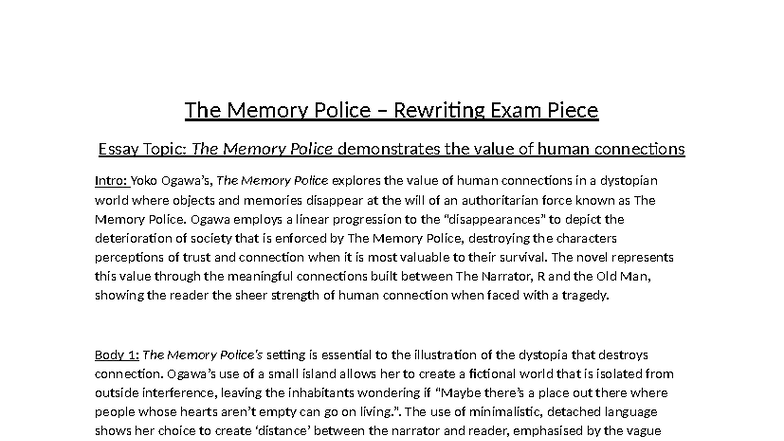 The Memory Police (ENG 201) Final Exam Essay: Human Connections - Studocu
