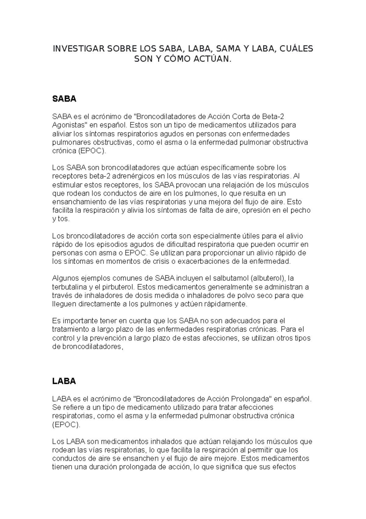 Investigación sobre SABA, LABA, SAMA y LAMA: Funciones y Usos - Studocu