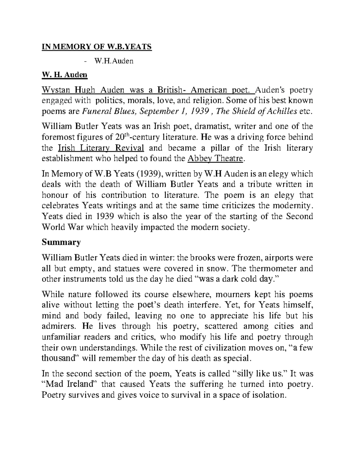 In memory of w b yeats - Notes - IN MEMORY OF W.B - W.H W. H. Auden ...