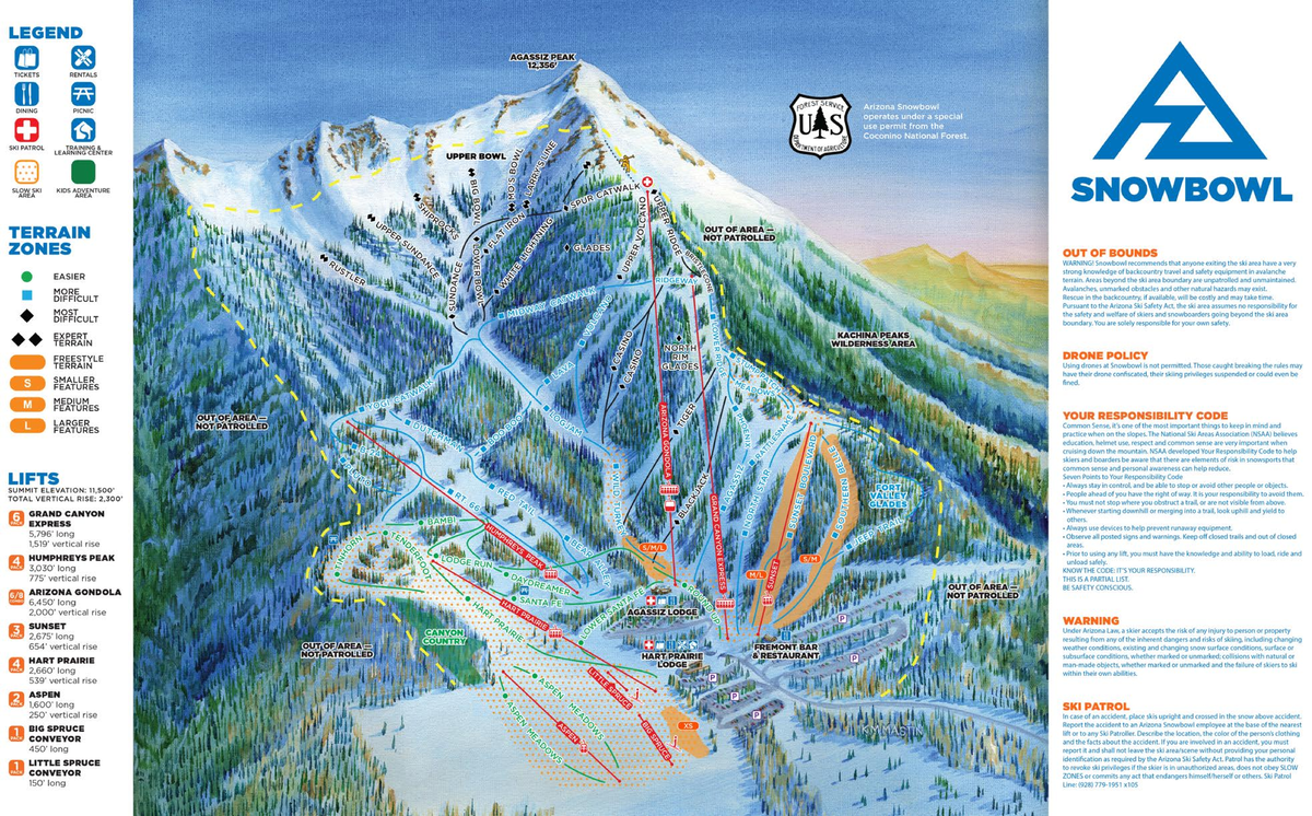 2021 2022 Arizona Snowbowl Trail Map - LEGEND AGASSIZ PEAK 12 TICKETS ...