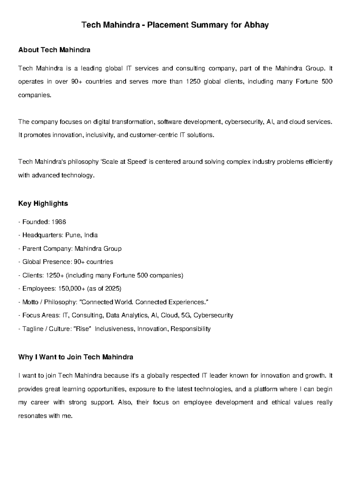 Tech Mahindra Placement Summary for Abhay: Career Aspirations and ...