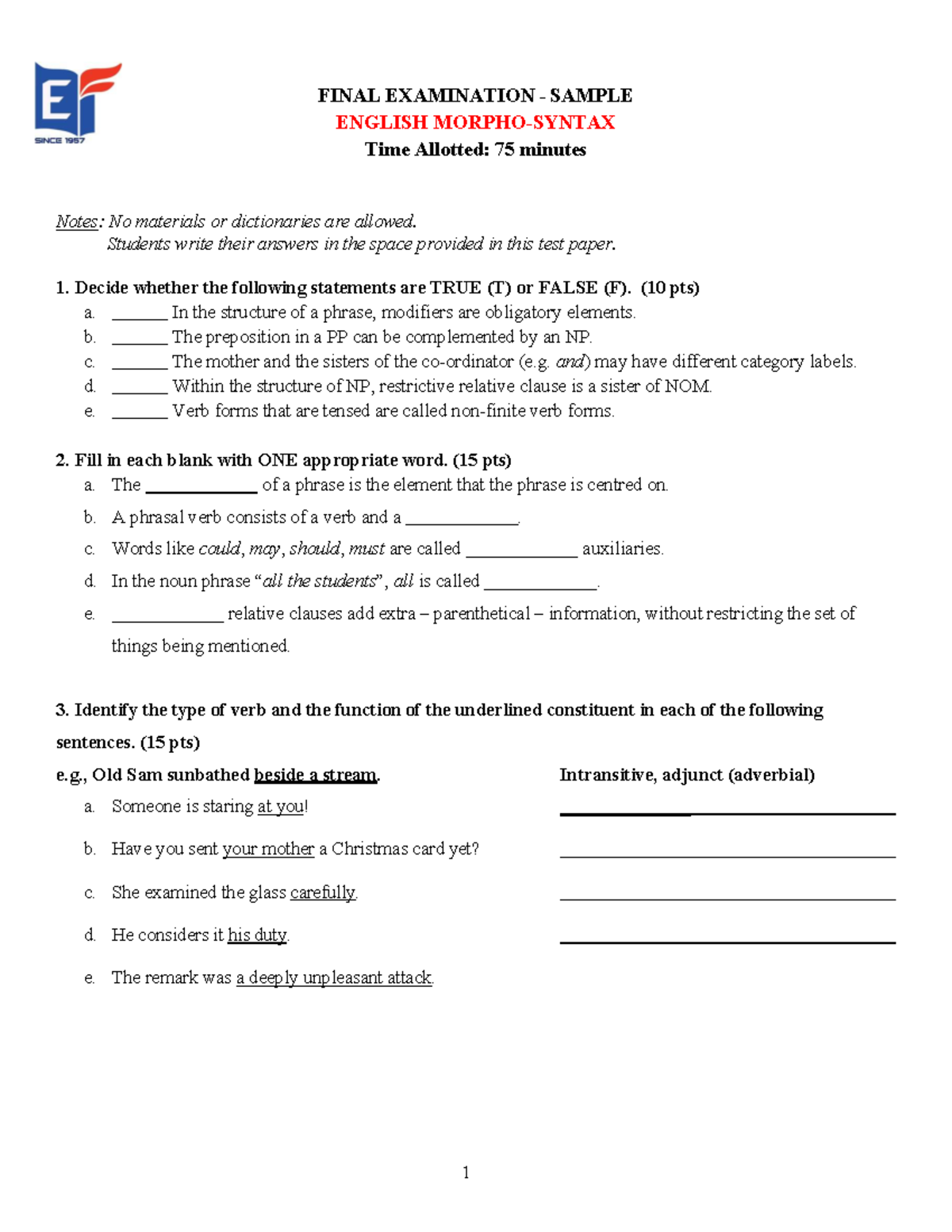 FINAL EXAM ENGLISH 75 MINUTES SAMPLE QUESTIONS - Studocu