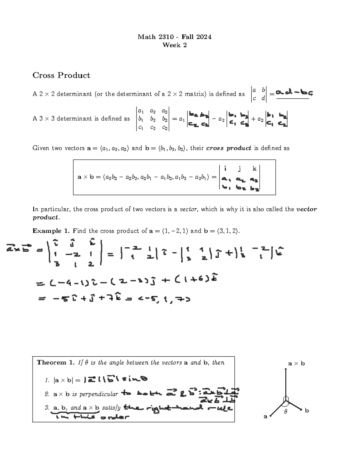 Lesson 4-markup - Cross and Dot Product - Math 2310 - Fall 2024 Week 2 ...
