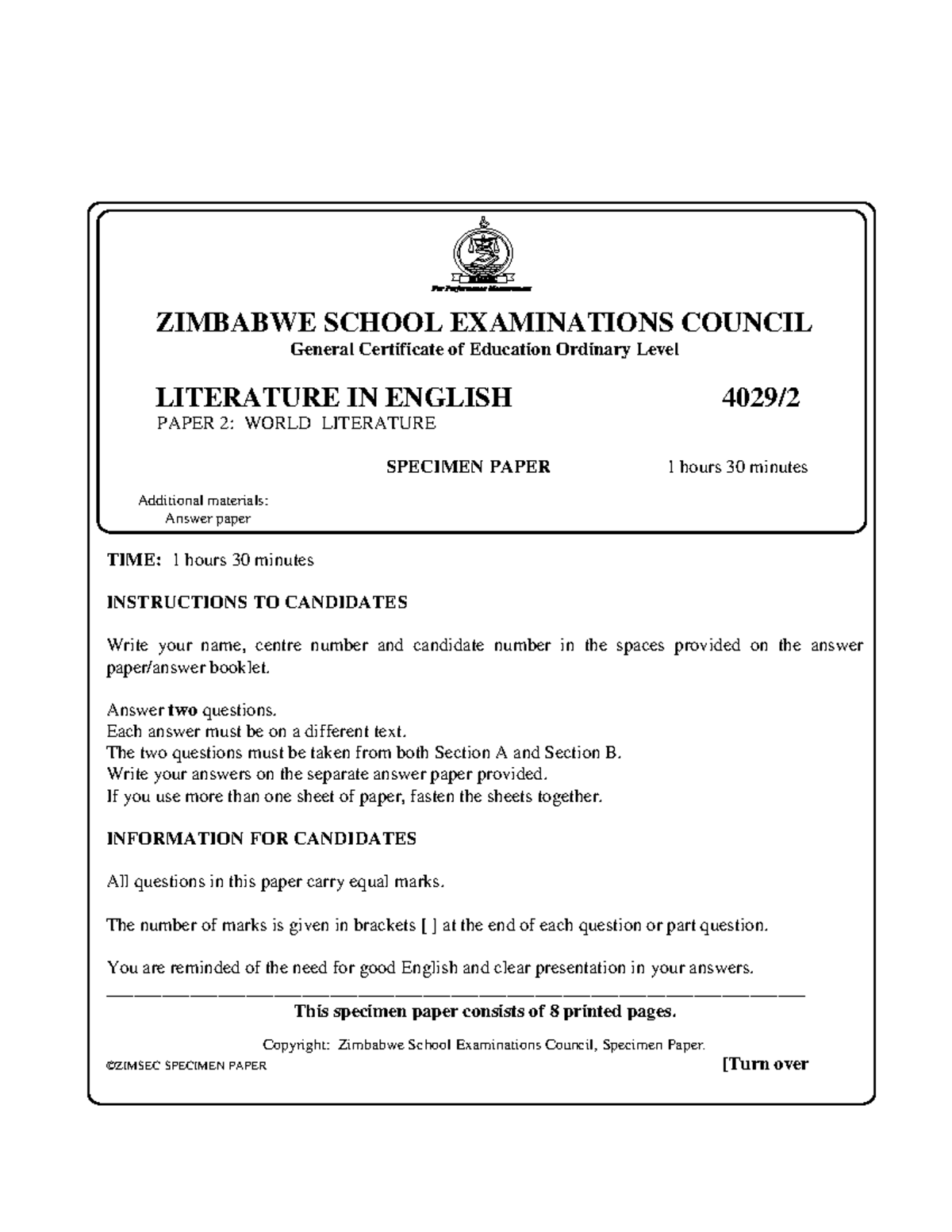 ZIMBABWE SCHOOL EXAMINATIONS COUNCIL GCE O Level Literature in English ...