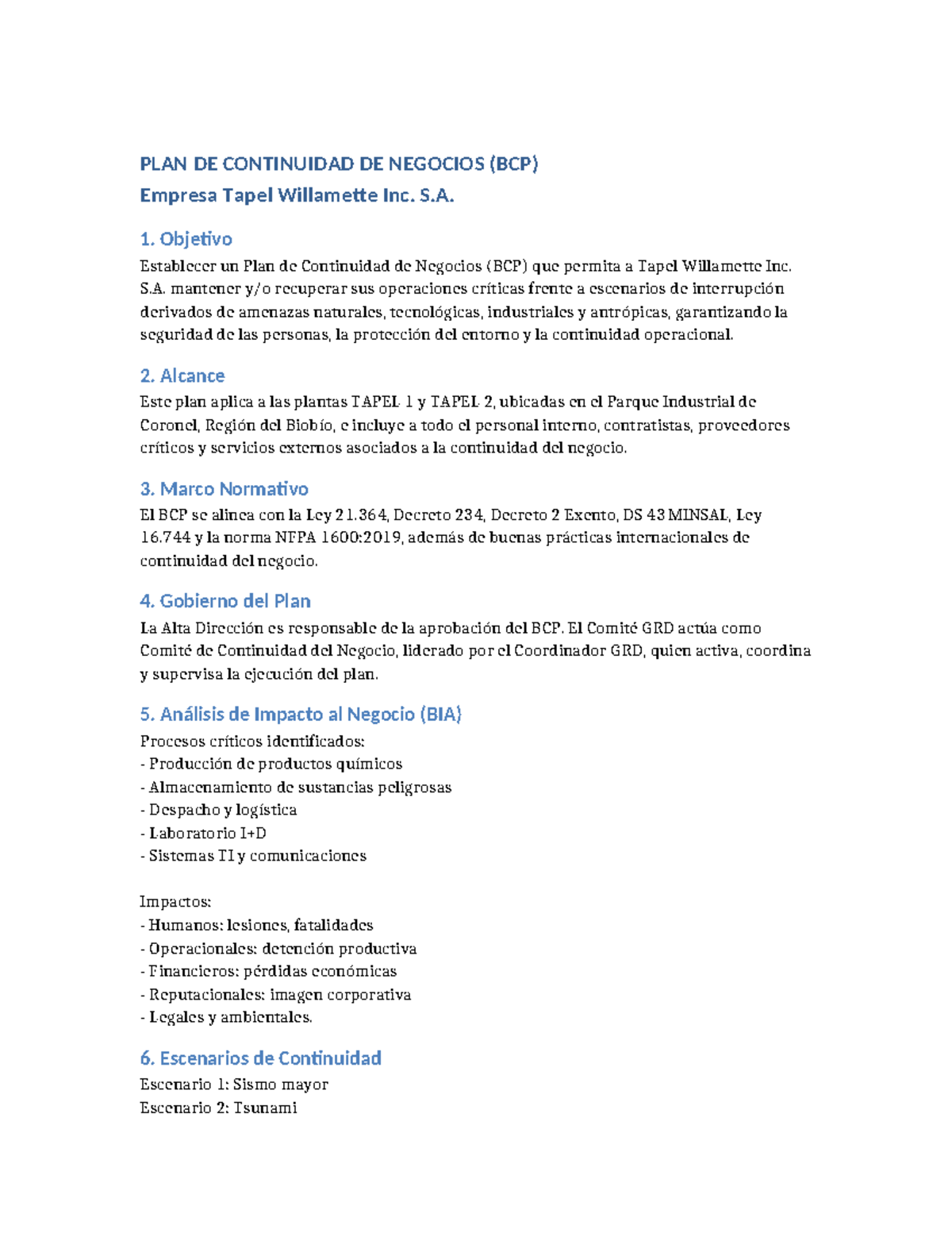 Plan de Continuidad de Negocios (BCP) - Tapel Willamette Inc. S.A ...