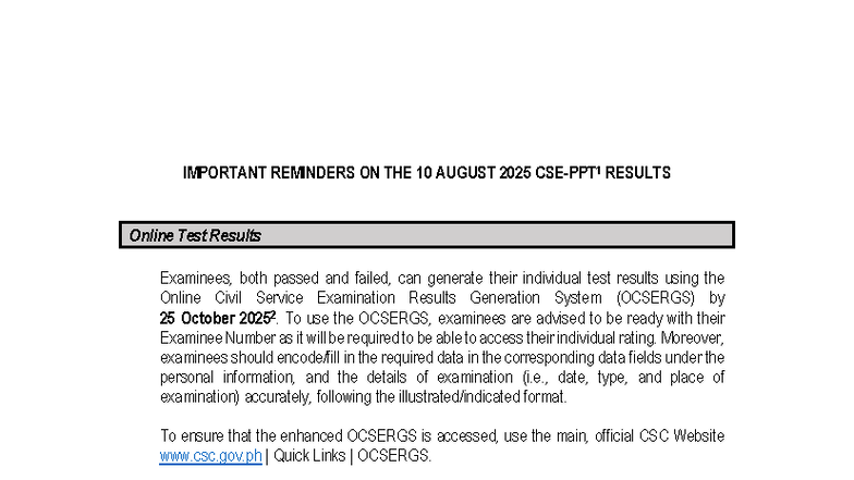 Important Reminder on OCSERGS for 2025-0810 Exam Results - Studocu