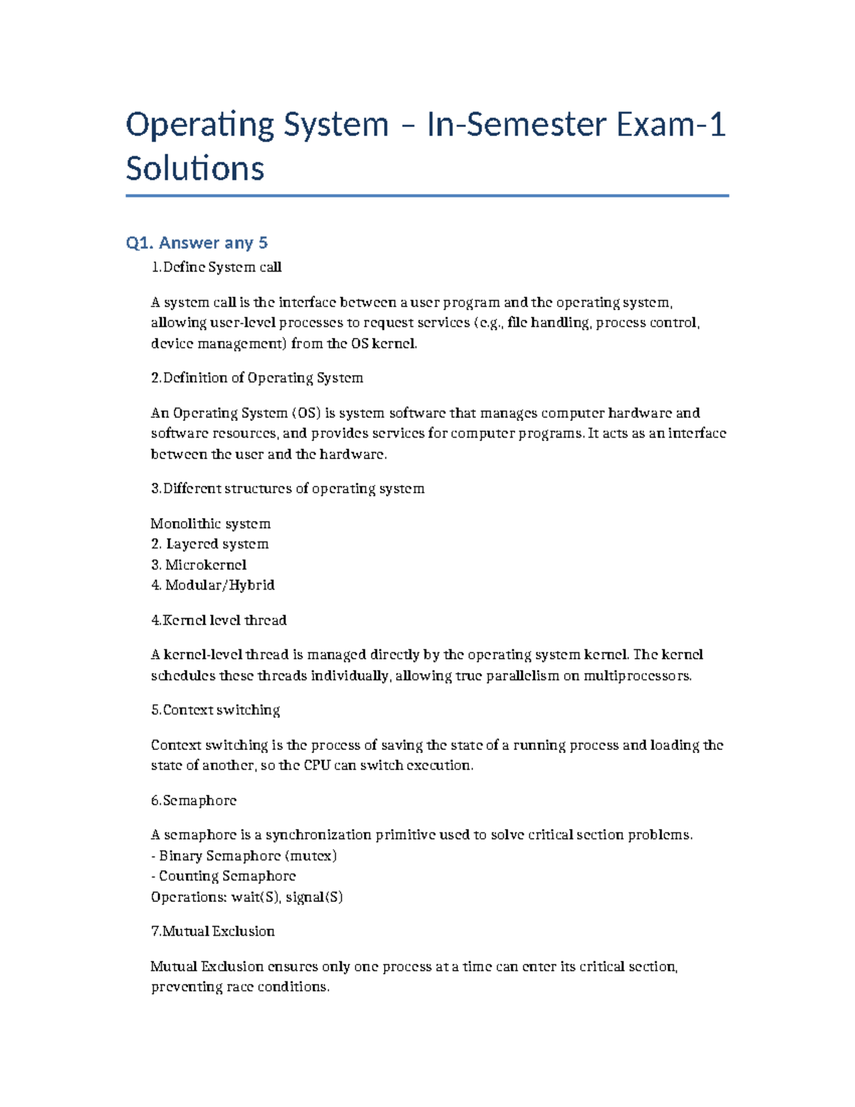 OS Solutions Q1: Exam Answers on System Calls & Scheduling - Studocu