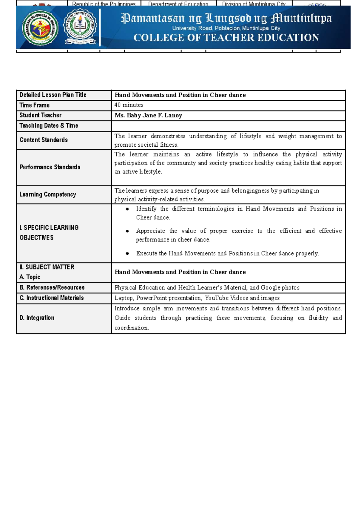 BSED PE Lesson Plan: Hand Movements & Positions in Cheer Dance - Studocu