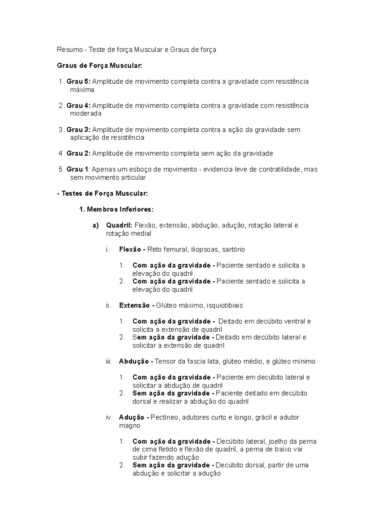 Resumo graus de força muscular e testes - membros inferiores - Resumo ...