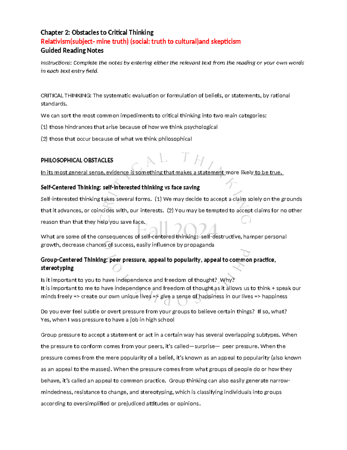 Critical Thinking Obstacles - Chapter 2 Notes - CHAP 2 - Studocu