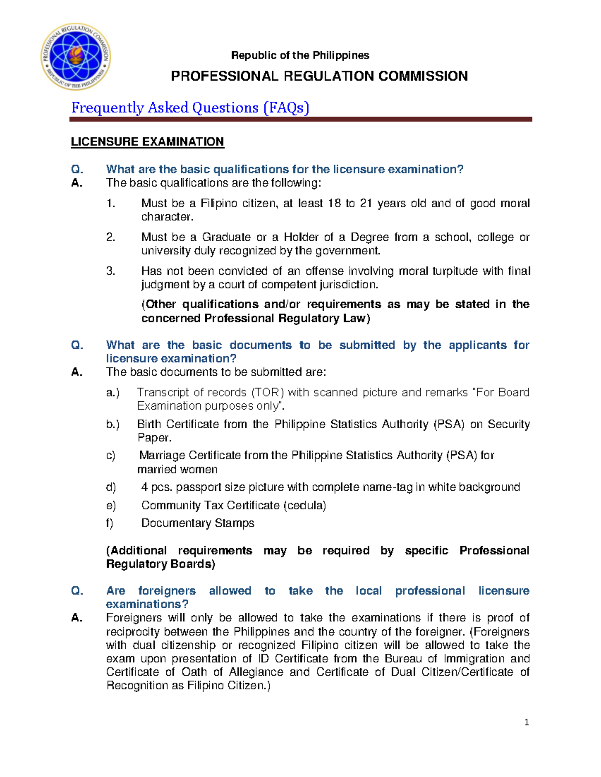 PRC FAQS: Essential Information for Licensure & Registration - Studocu