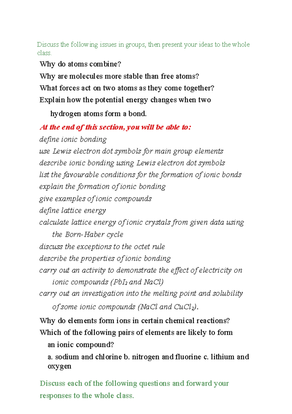 Chemistry Grade 11 Unit 2 Activity: Ionic and Covalent Bonding Concepts ...