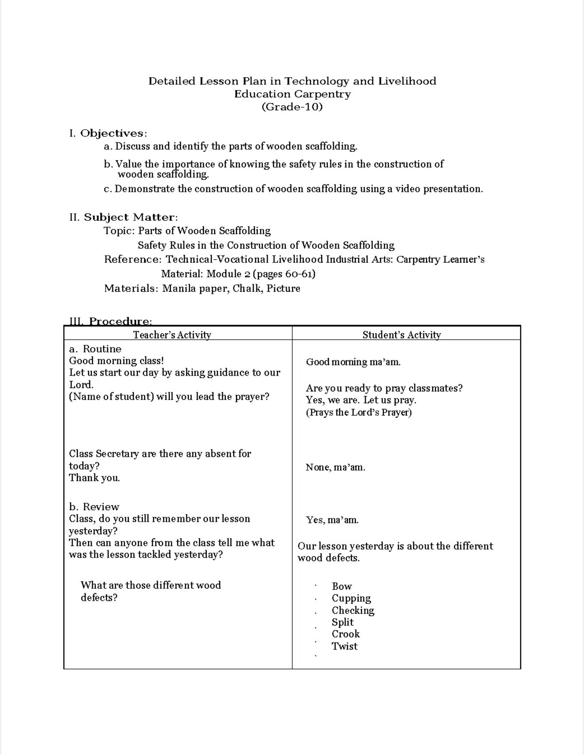 Detailed Lesson Plan: TLE Carpentry I - Wooden Scaffolding Safety ...