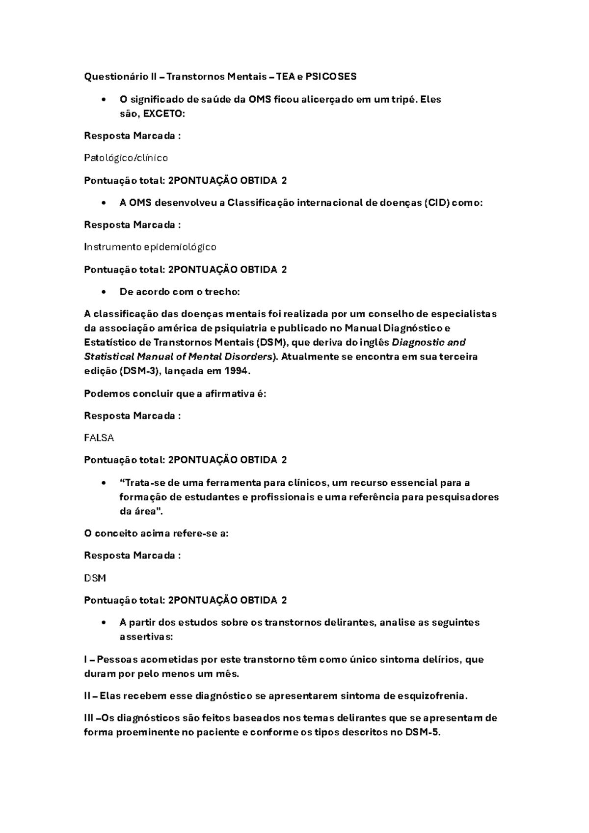 Questionário II – Transtornos Mentais: TEA e Psicoses - Studocu