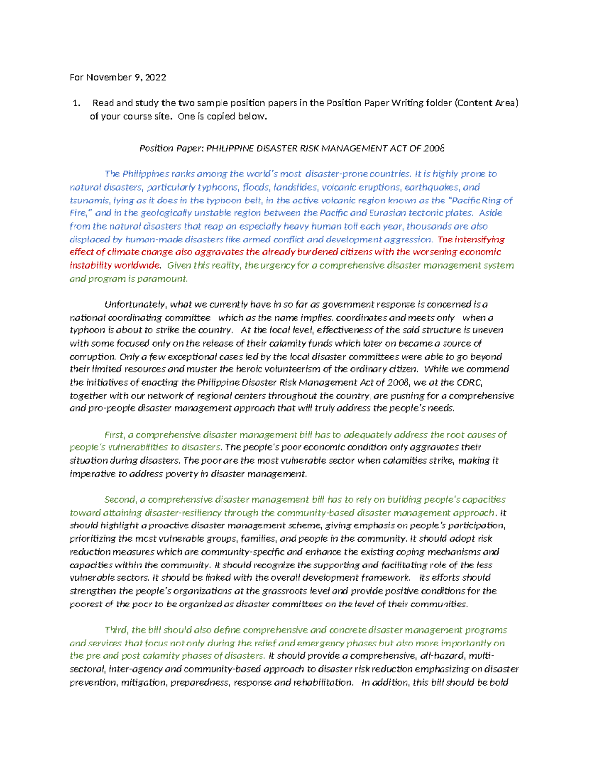 Position Paper on Philippine Disaster Risk Management Act (JUR 101 ...
