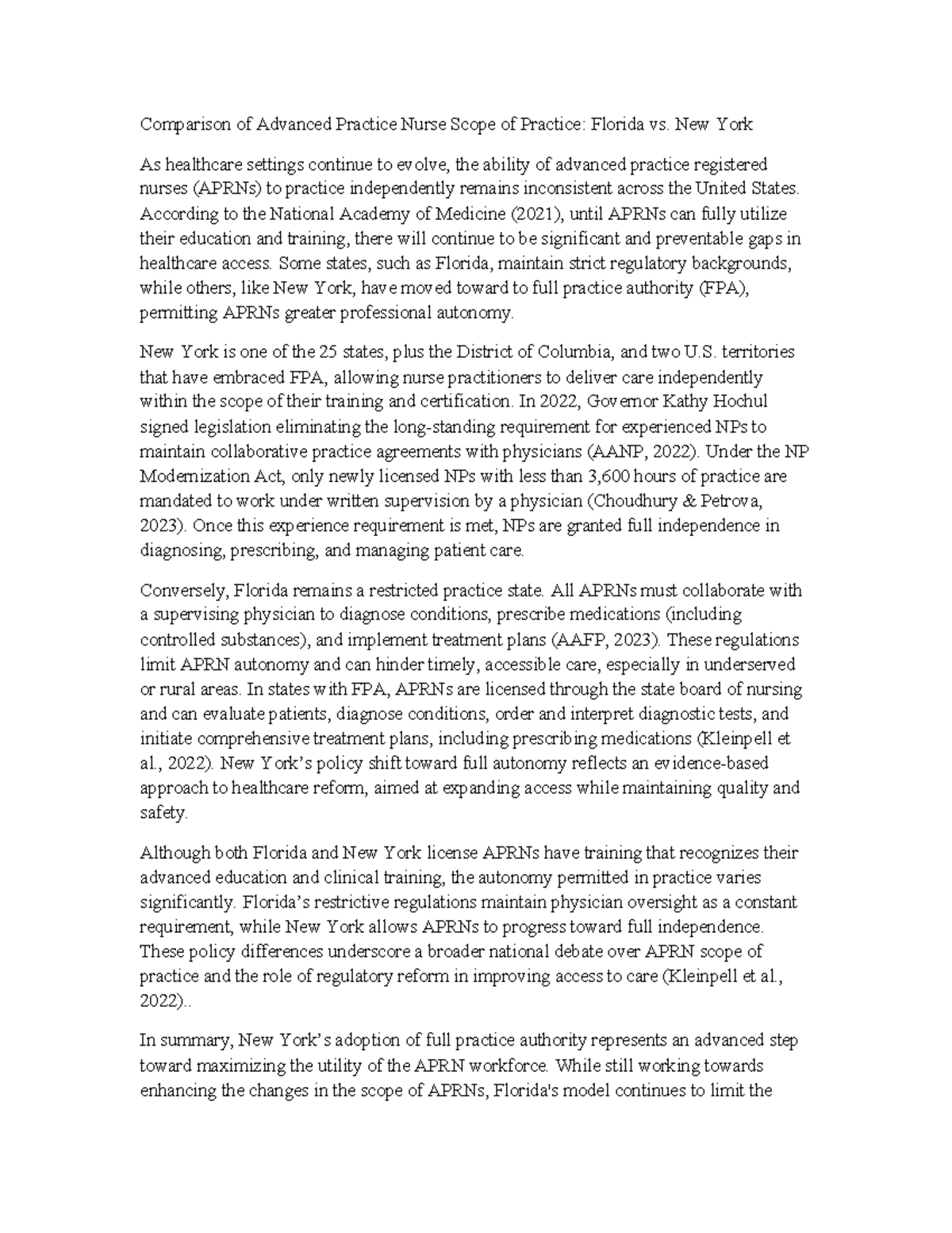 Comparison of APRN Scope of Practice: Florida vs. New York (Module 4 ...