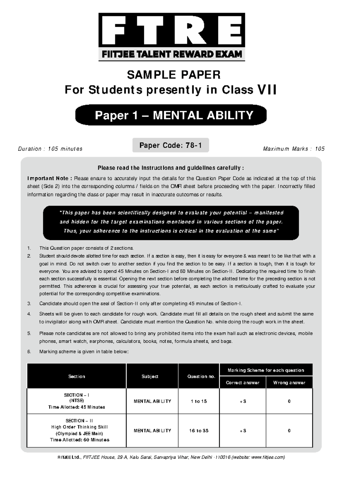 FTRE-2024 - Sample Paper for Class VII - Mental Ability Exam - Studocu