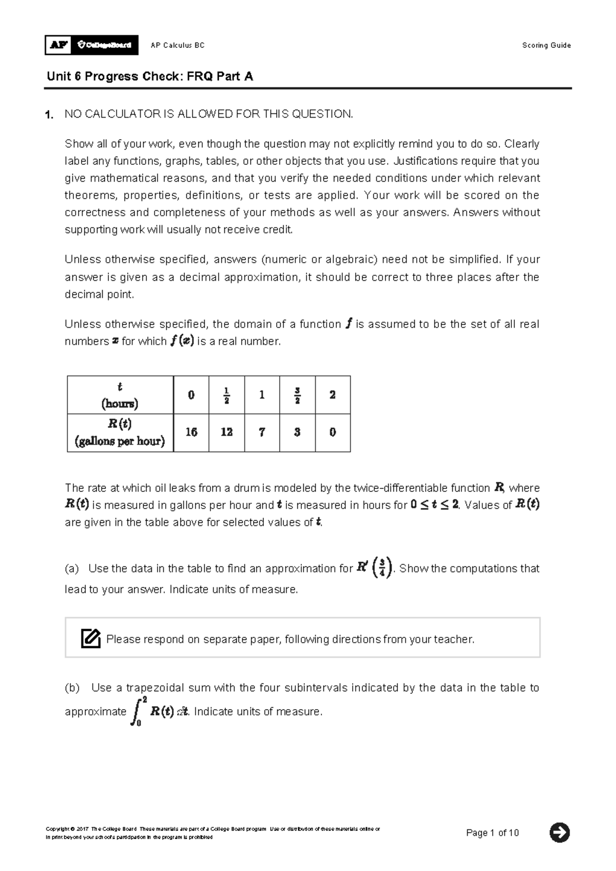 AP Calculus BC Unit 6 Progress Check: FRQ Part A Guide - Studocu