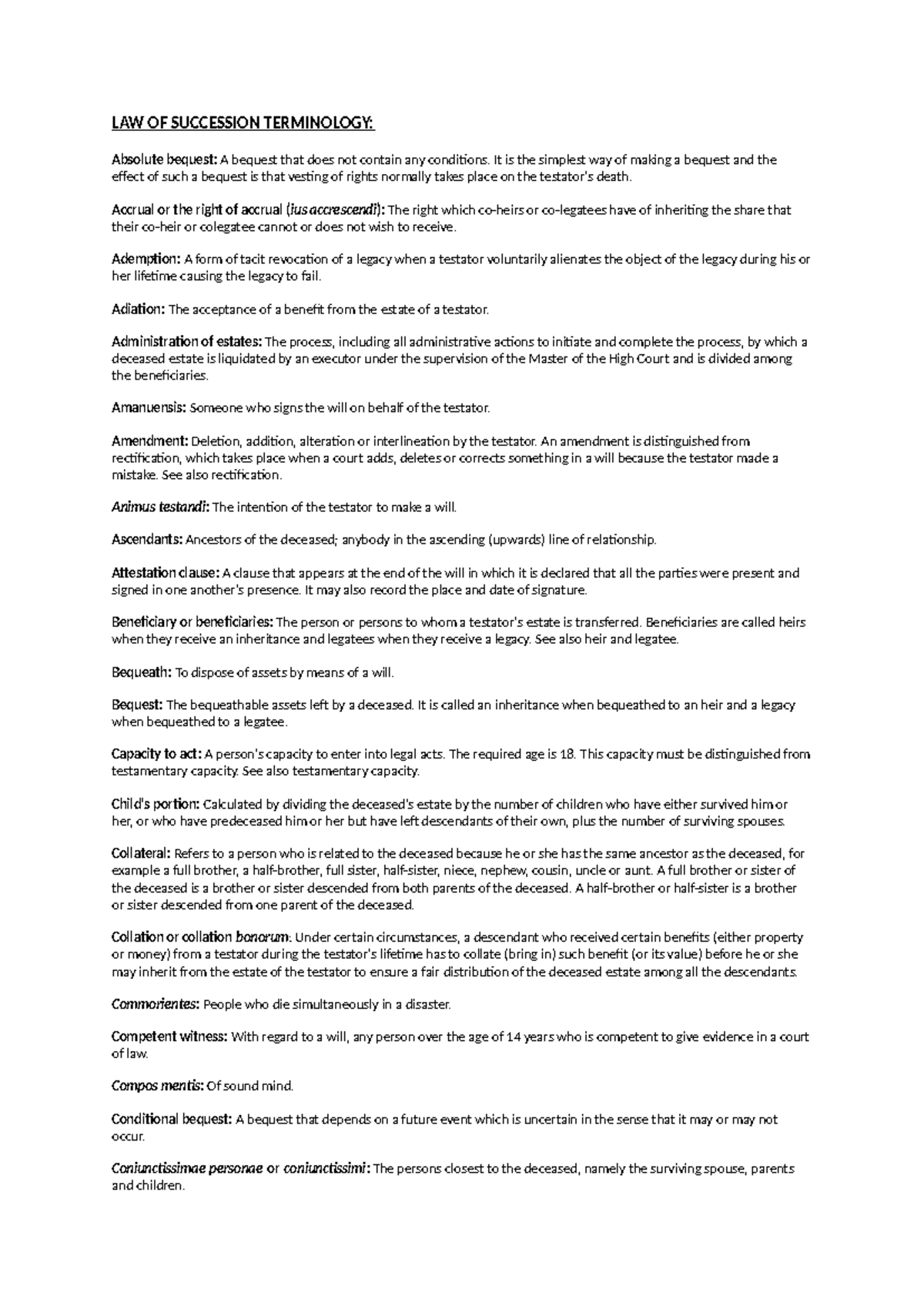 LAW 101: Key Terminology in Law of Succession Explained - Studocu