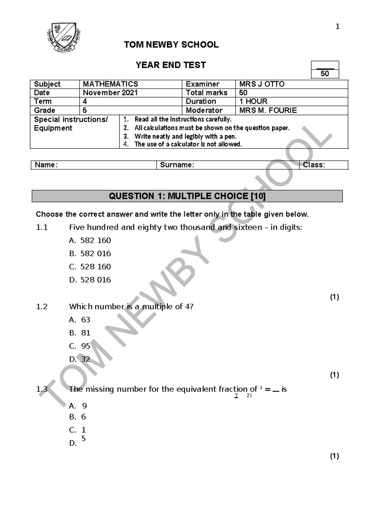Grade 5 Mathematics Year-End Exam (Term 4) - November 2021 - Studocu