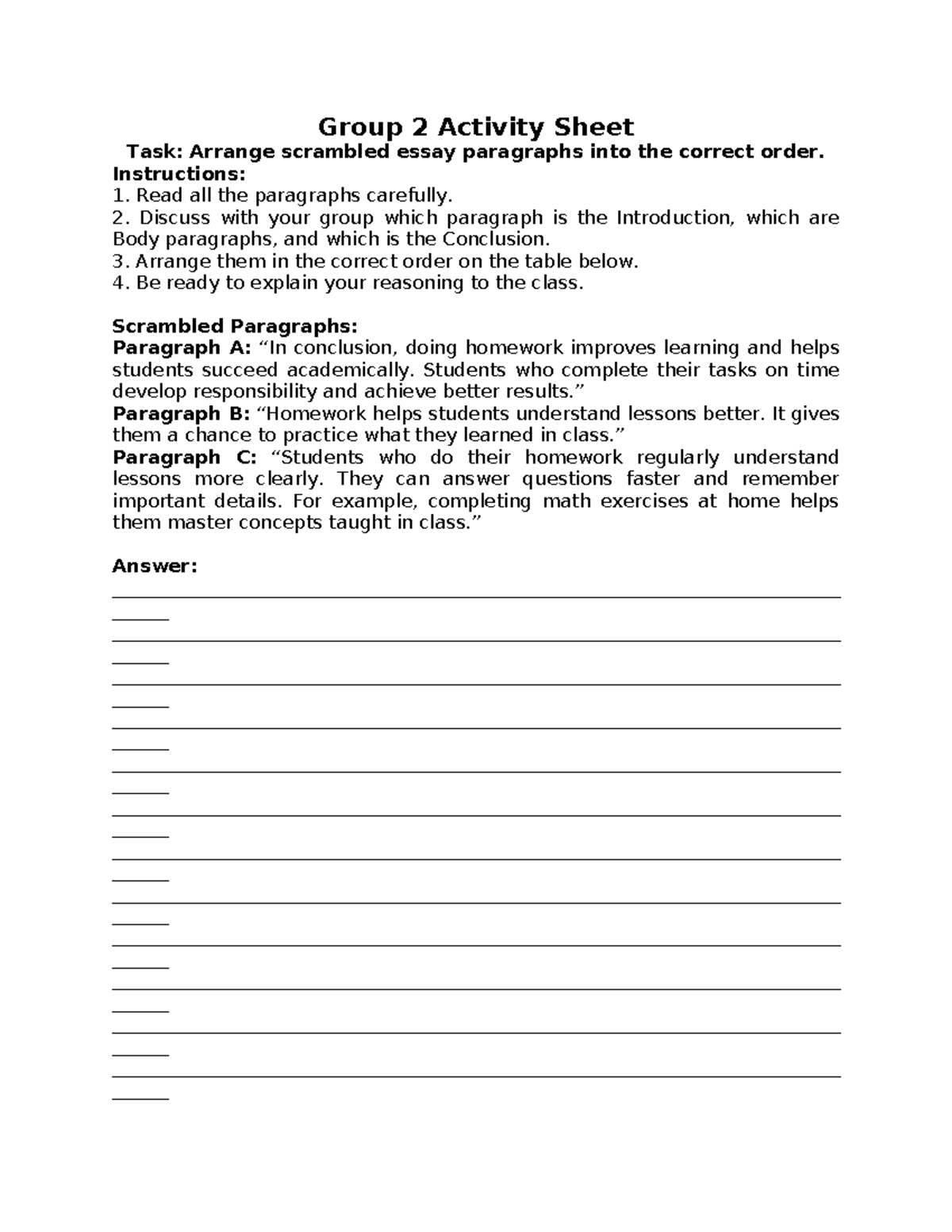 Group 2 Activity Sheet: Scrambled Essay Paragraphs Arrangement - Studocu