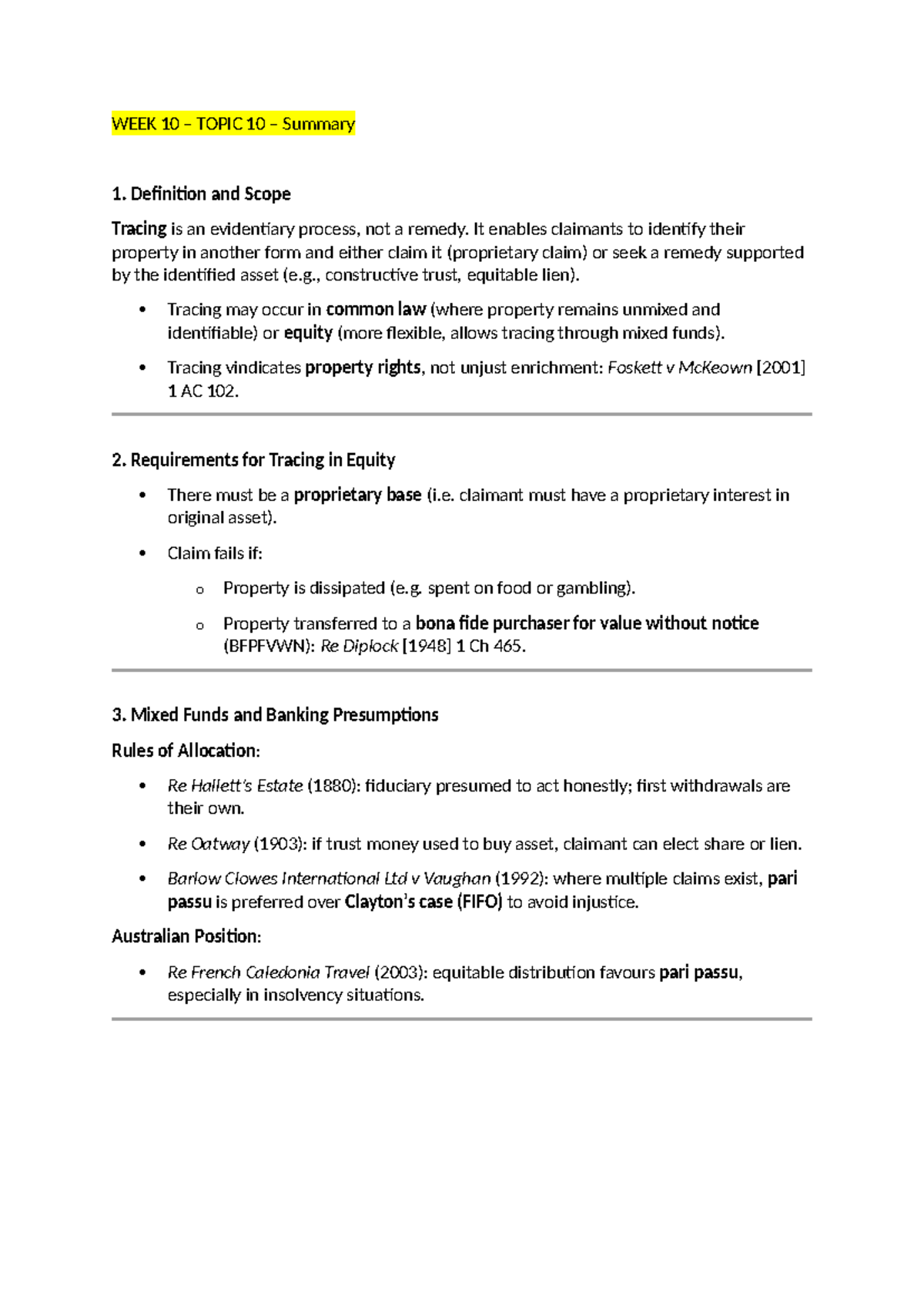 WEEK 10 – TOPIC 10 – Tracing in Equity: Principles, Cases, and Applications - Studocu