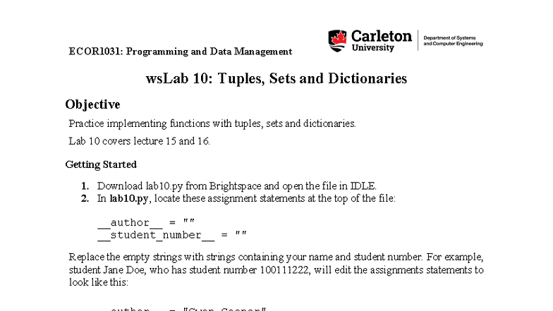 ECOR1031: Lab 10 - Tuples, Sets, and Dictionaries Exercises - Studocu