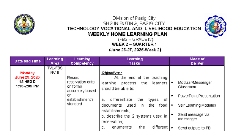 Weekly Home Learning Plan (FBS G12) - Pasig City SHS (Week 2) - Studocu