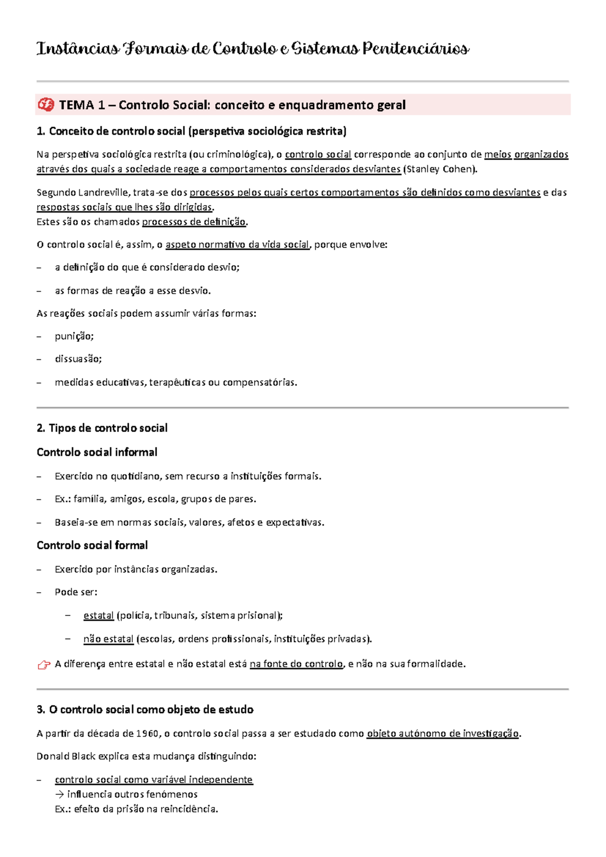 Estudo sobre Controlo Social e Desviância - TEMA 1 a 8 - Studocu