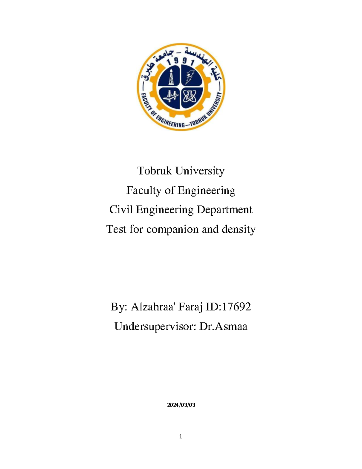 Tobruk University CE 101: Test for Companion and Density Analysis - Studocu