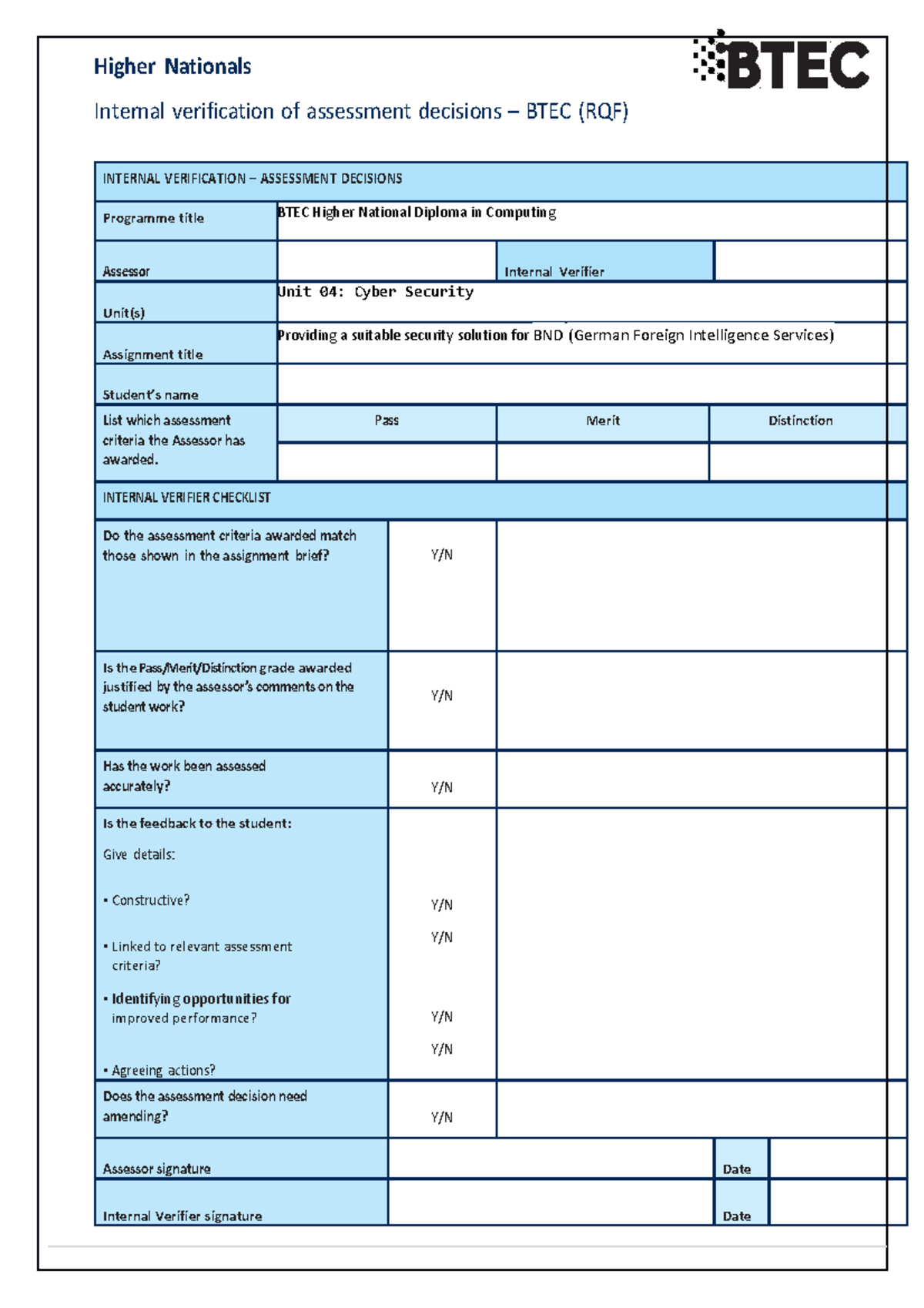 Unit 10 Cyber Security: Internal Verification & Assignment Feedback (2022) - Studocu