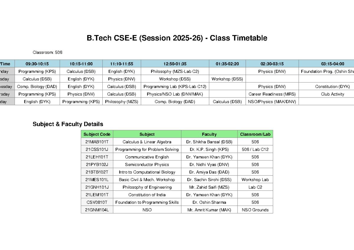 CSE-E Timetable: Class Schedule for Programming & Calculus - Studocu