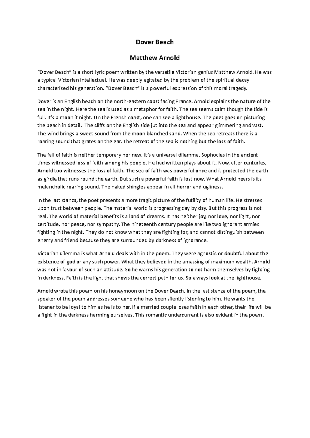 Dover Beach - Dover Beach Matthew Arnold “Dover Beach” is a short lyric ...