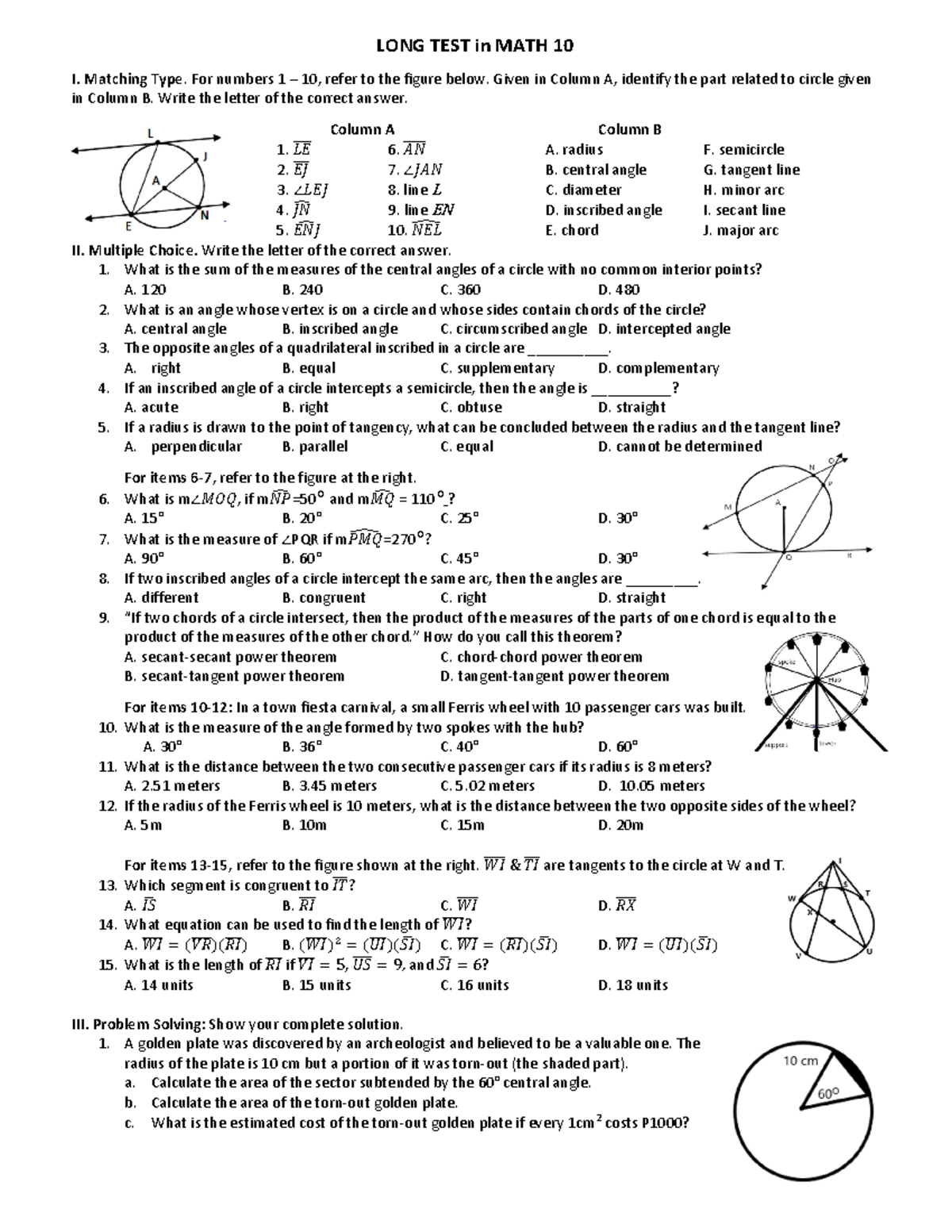Grade 10 Math Q2 CIRCLE Test - Long Test Notes & Problems - Studocu