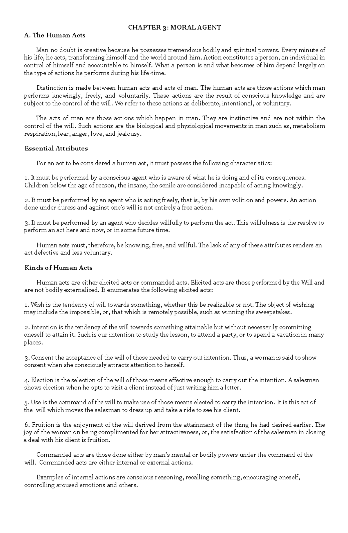 Hand-out in Ethics Chapters 3-4 Midterm PDF - CHAPTER 3: MORAL AGENT A. The Human Acts Man no ...