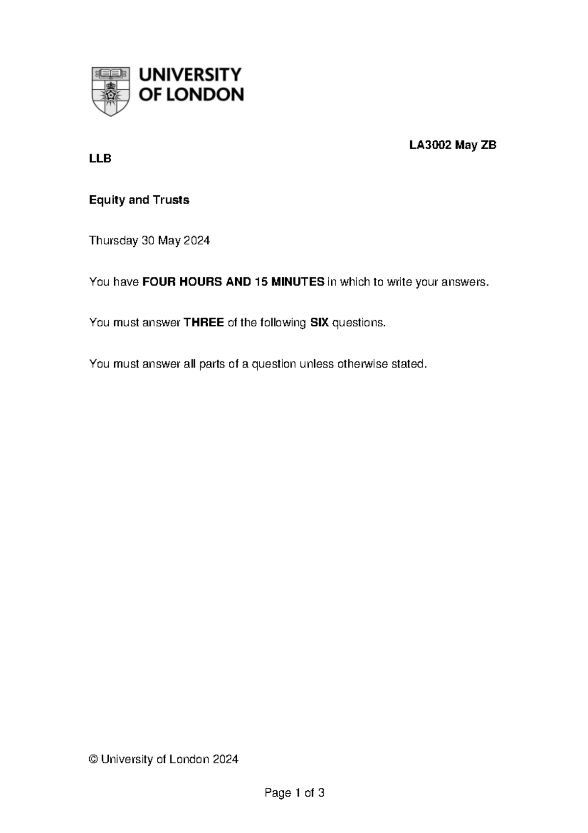 Trusts Exam 2024 B - Practice Material and Questions (LA 3002) - Studocu