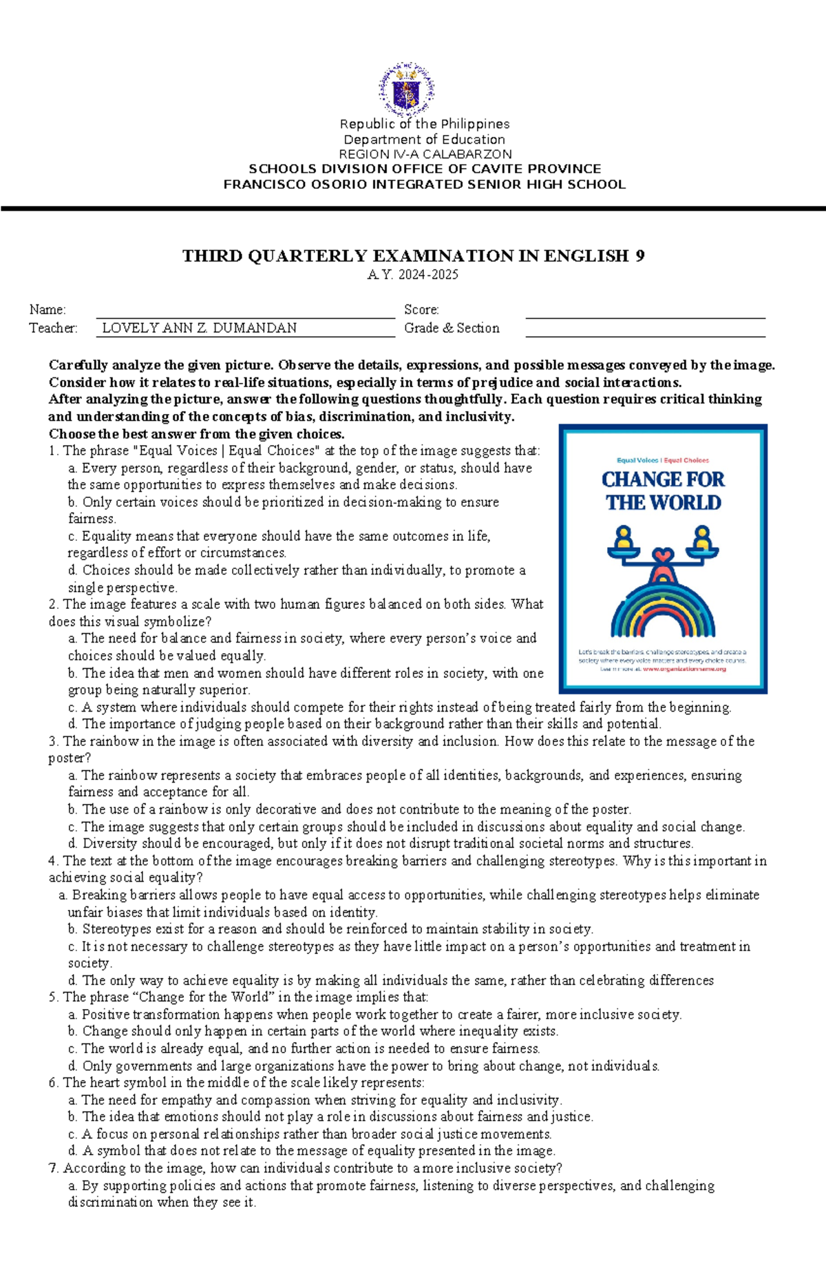 3rd quarterly exam - THIRD QUARTERLY EXAMINATION IN ENGLISH 9 A. 2024 ...