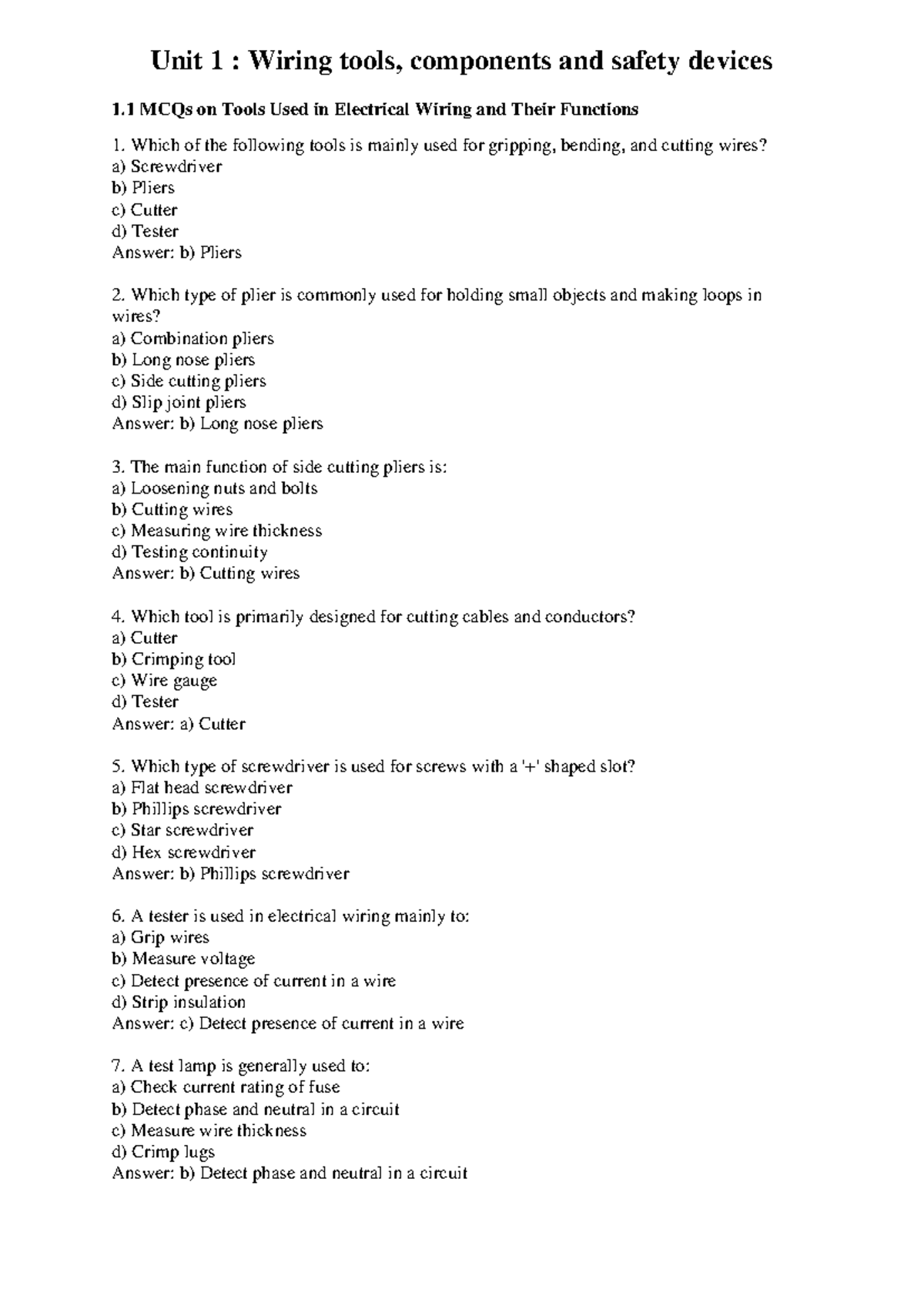 Unit 1: MCQs on Wiring Tools, Components & Safety Devices - Studocu