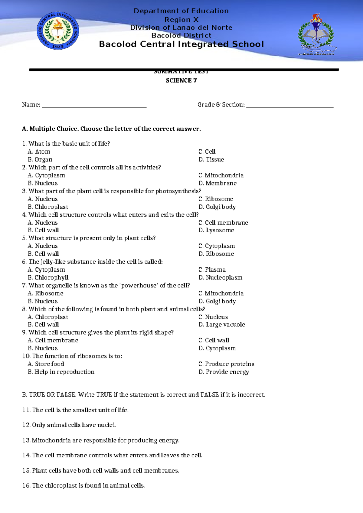 SUMMATIVE TEST SCIENCE 7 (Q1 W1) - Bacolod Central Integrated School ...