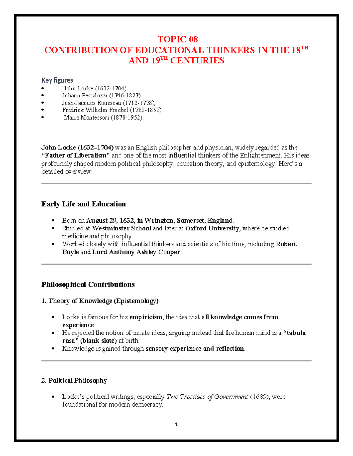 Topic 08: Contributions of Educational Thinkers in the 18th & 19th ...