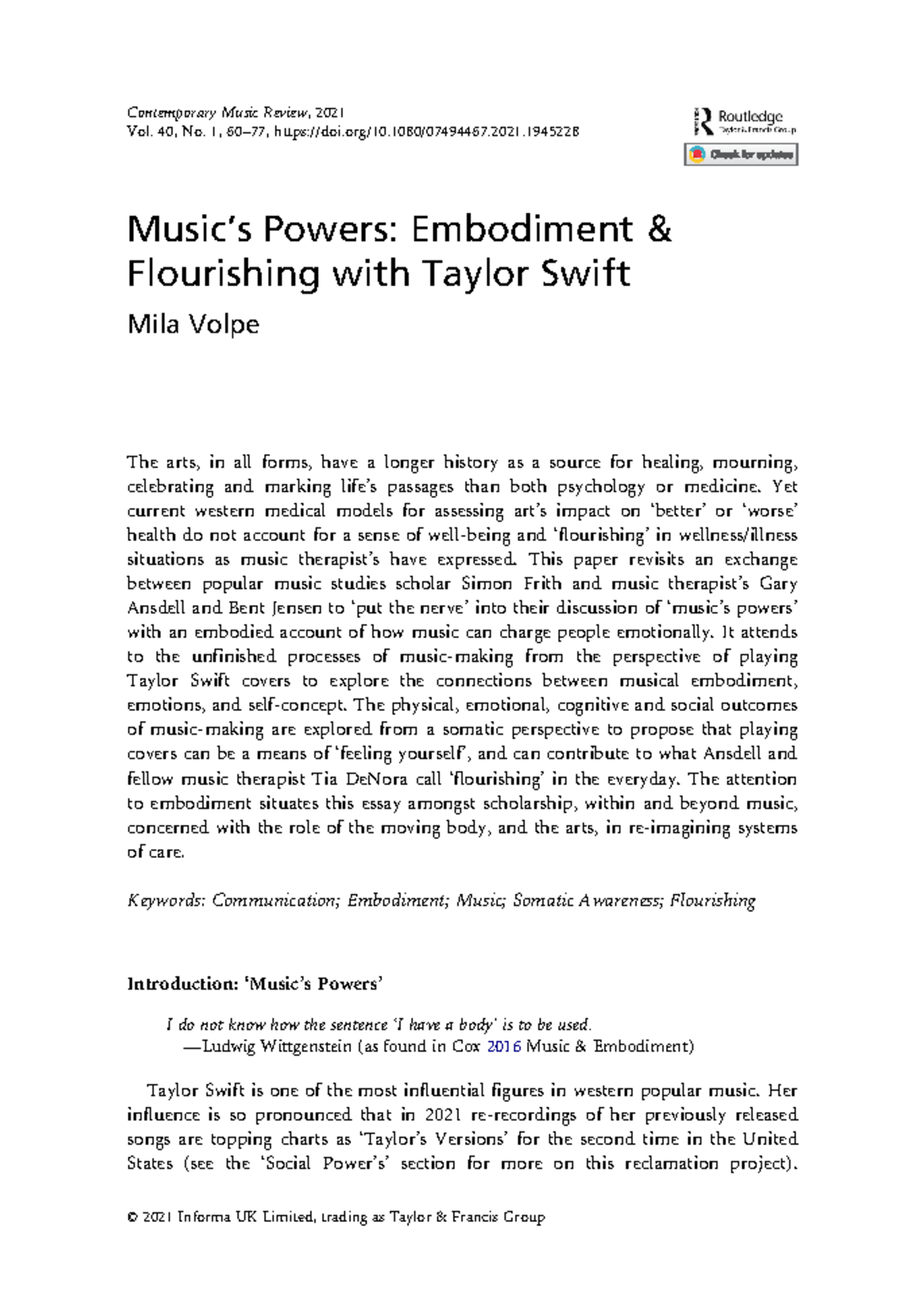 Music's Powers: Embodiment and Flourishing through Taylor Swift's Art ...