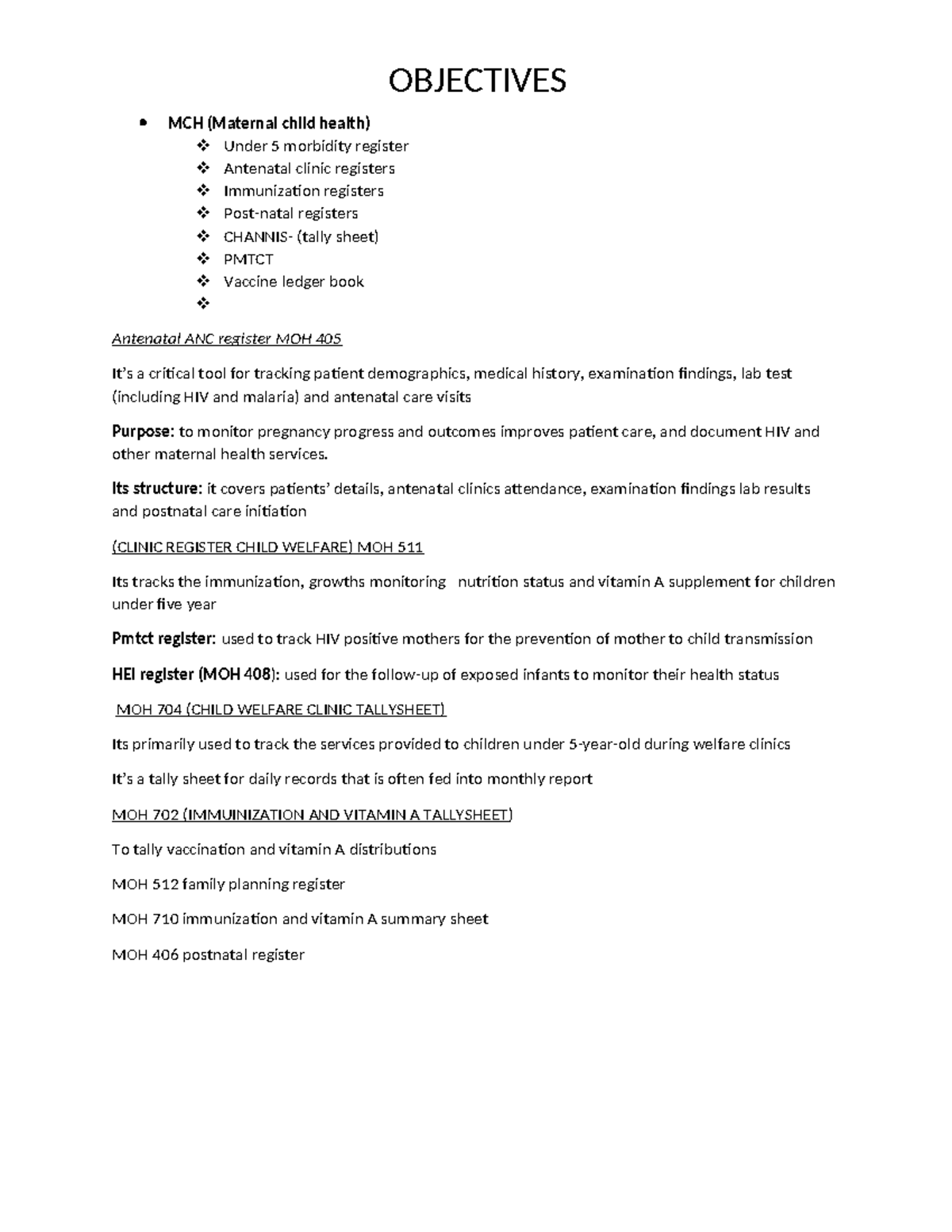 MCH Patient Tracking Tools: Registers & Tally Sheets Overview - Studocu