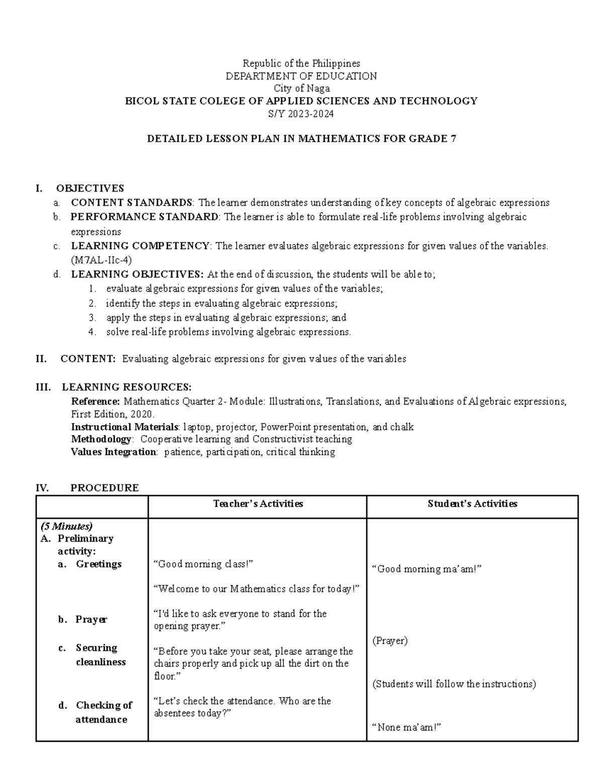 Detailed Lesson Plan in Mathematics for Grade 7: Evaluating Algebraic - Studocu