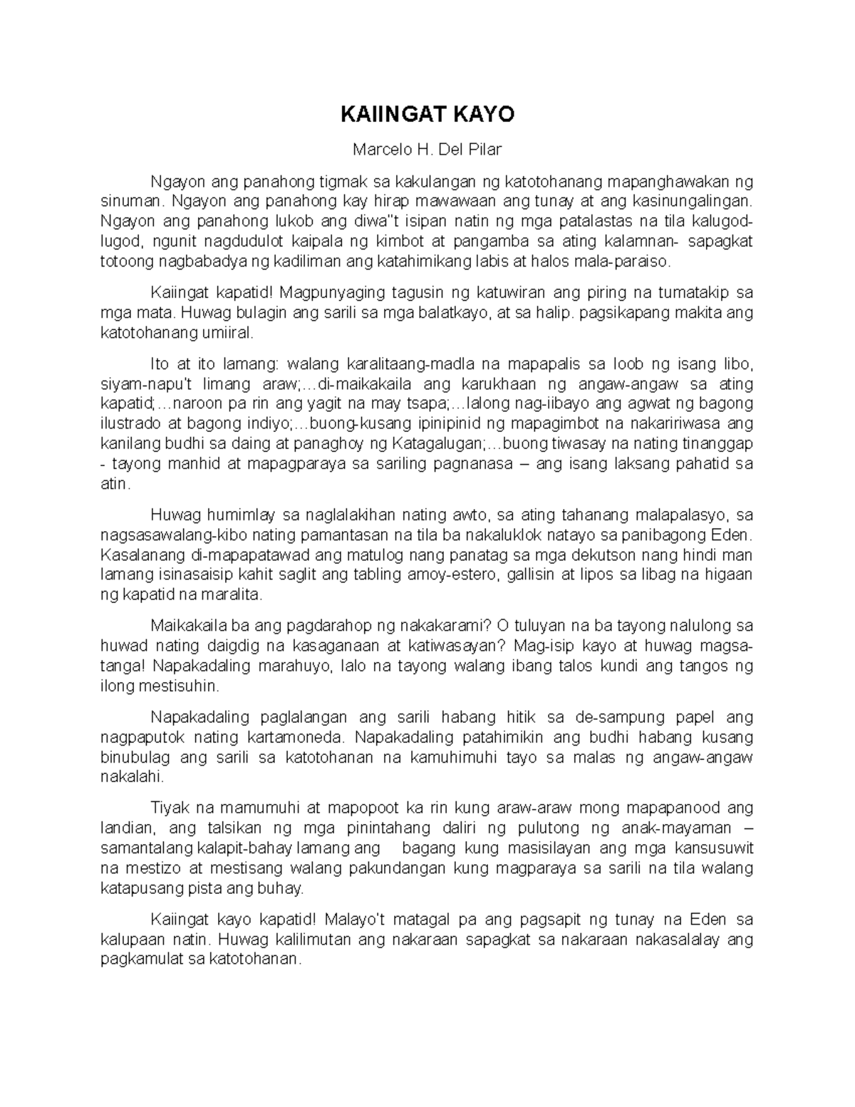 Kaiingat Kayo: Isang Pagsusuri sa Katotohanan at Kasinungalingan - Studocu