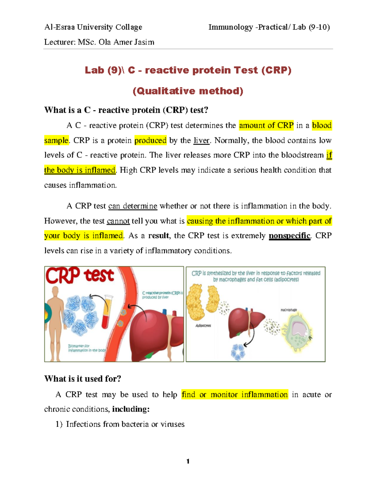 Lab (9) C - reactive protein Test (CRP) - Lecturer: MSc. Ola Amer Jasim ...