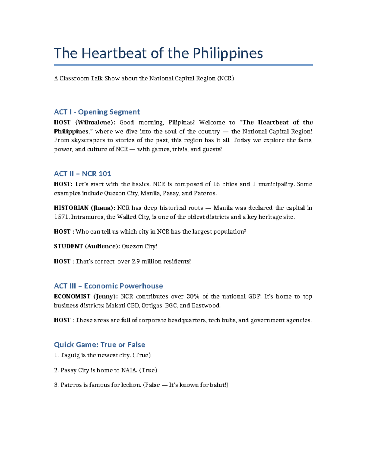 NCR Talk Show Script: Heartbeat of the Philippines Classroom Segment ...