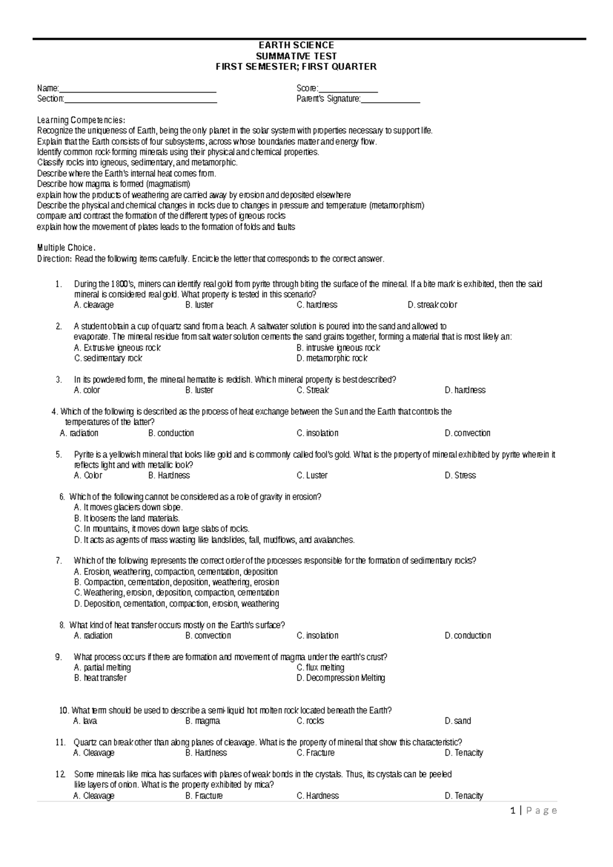 Earth Science Summative Test - First Semester, First Quarter - Studocu