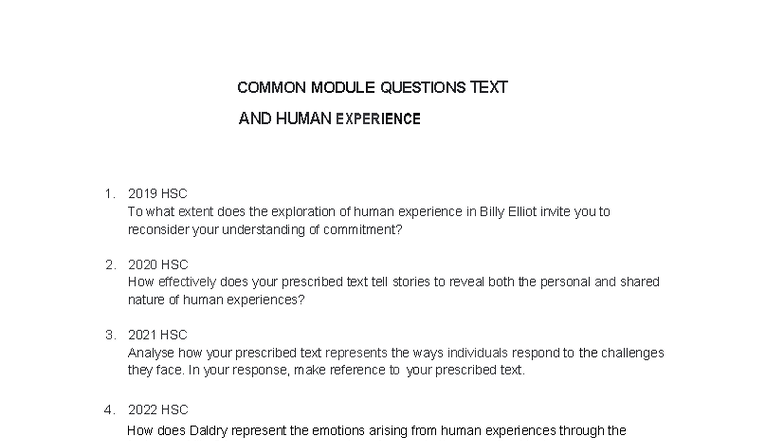 COMMON MODULE: TEXT AND HUMAN EXPERIENCE - PAST HSC QUESTIONS - Studocu
