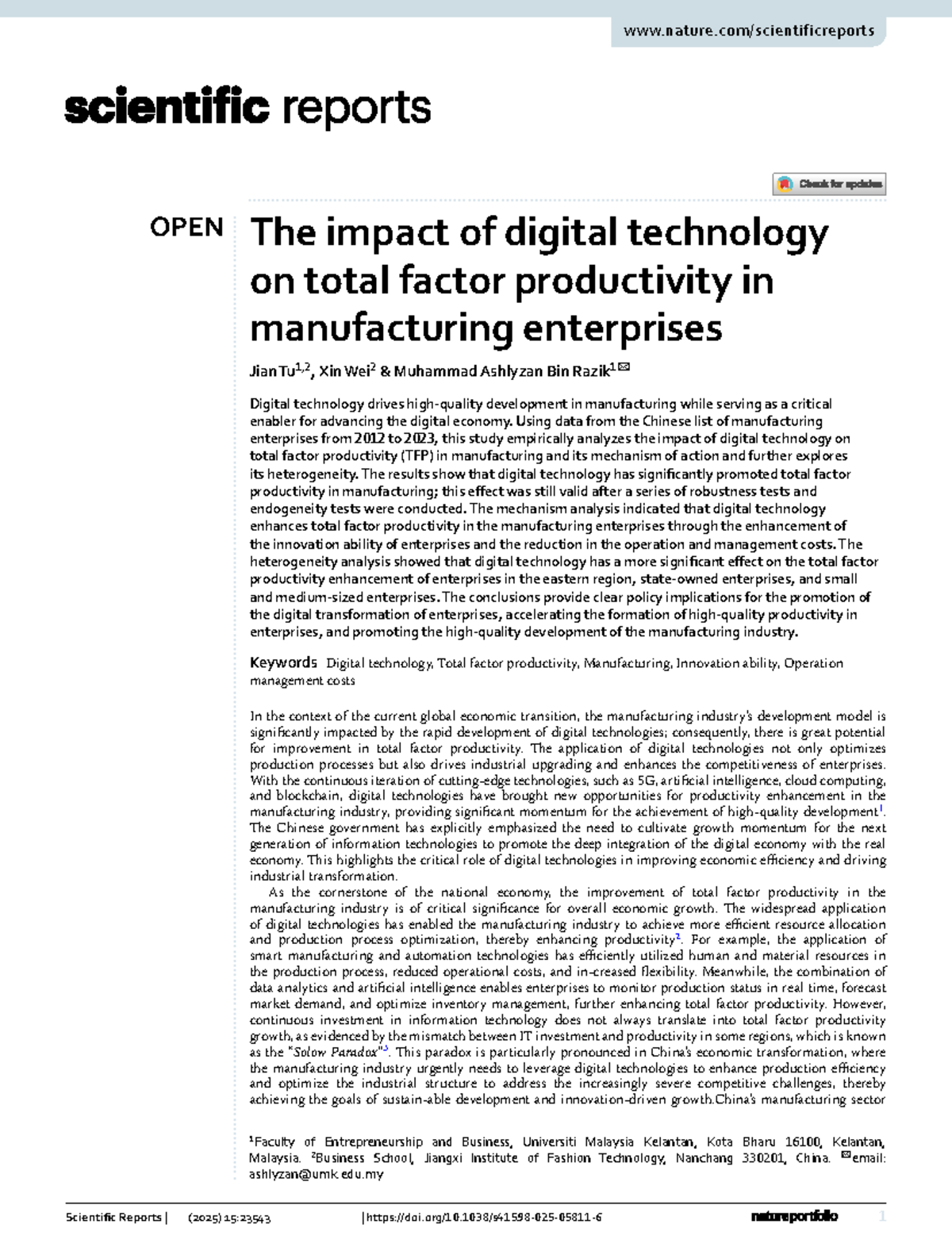 The Impact of Digital Technology on TFP in Manufacturing (S41598 025 ...